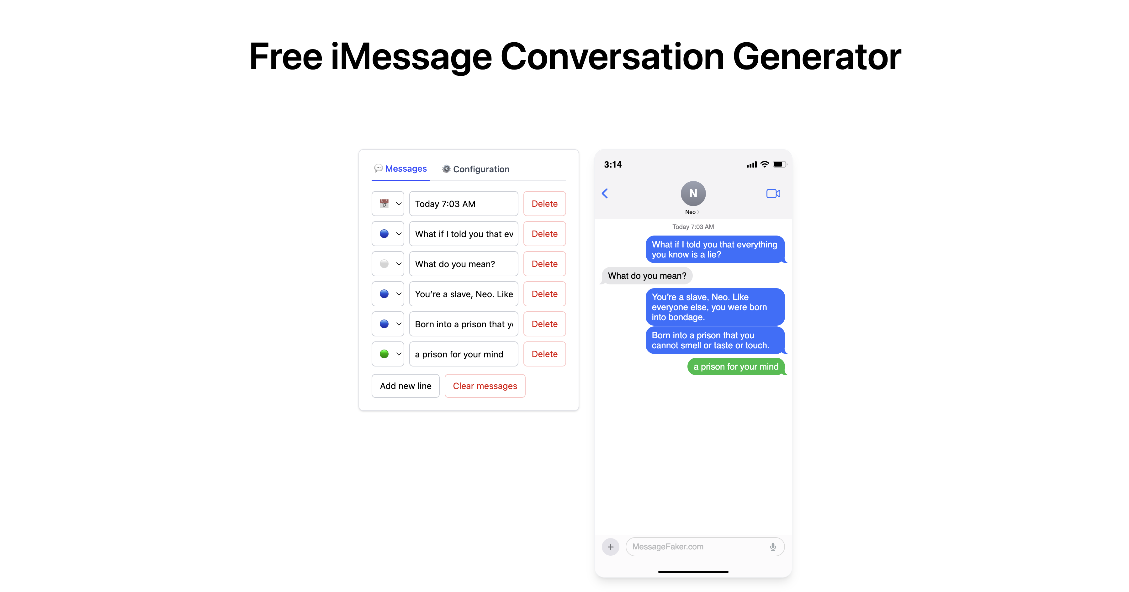 Generate an iMessage conversation for FREE | MessageFaker.com